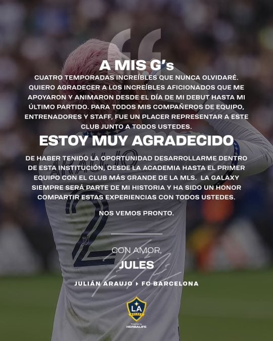 Julián Araujo se despidió del Galaxy tras ser presentando con el Barcelona